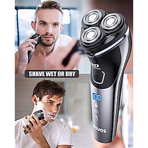 POVOS Electric Razor for Men, Quick Rechargeable Wet and Dry IPX7 Waterproof Electric Shaver,Men’s 3D Rotary Shaving Razor with Pop-up Beard Trimmer,LCD Display, Replacement Blades, and Travel Case
