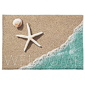 Fluffy Shag Area Rug,Coastal Beach Starfish Shells Ultra Soft Shaggy Carpet for Bedroom Living Room Bathroom Nursery, Teal Sea Water Floor Door Mats Home Decor 24×36in