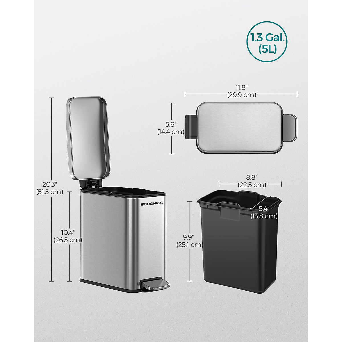 SONGMICS Bathroom Trash Can and Toilet Brush Set, 1.3 Gallon Small Trash Bin with Lid, Slim for Small Spaces, Stainless Steel Garbage Can, Soft Close, Silver ULTB560E0501