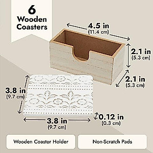 Set of 6 White Wooden Coasters with Holder for Drinks, Coffee Table, and Floral Farmhouse Decor (3.8 Inches)