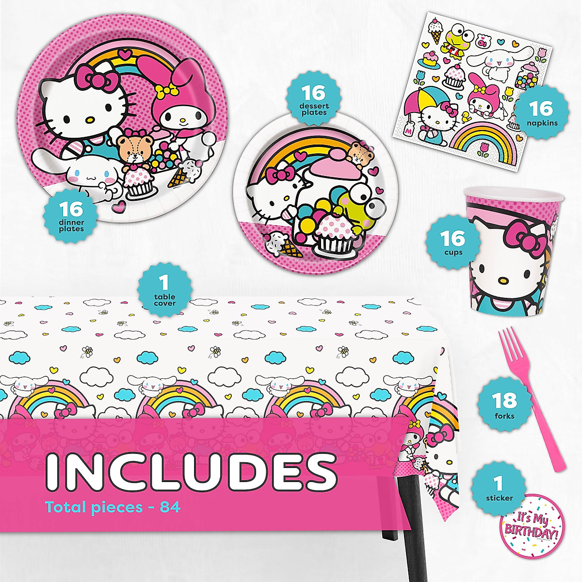 Hello Kitty Birthday Decorations & Party Supplies | Hello Kitty Plates, Cups, Napkins, Tablecloth, Forks, Sticker | Serves 16 Guests | Officially Licensed