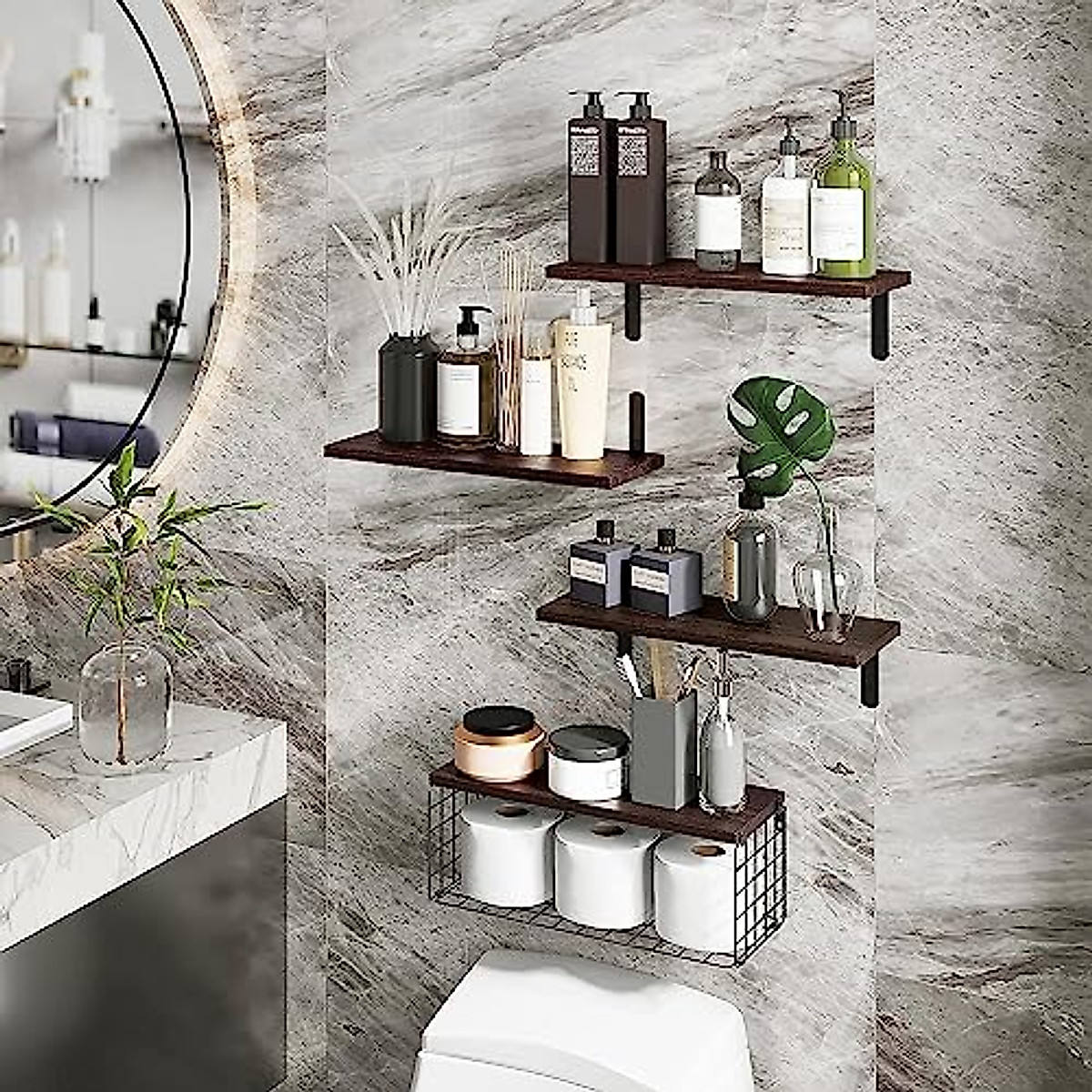 Floating Shelves with Storage Basket, Bathroom Shelves Over Toilet Paper Holder Storage Shelves, Wall Mounted Rustic Wood Shelves for Bathroom, Bedroom, Living Room, Kitchen(Brown, Set of 4)