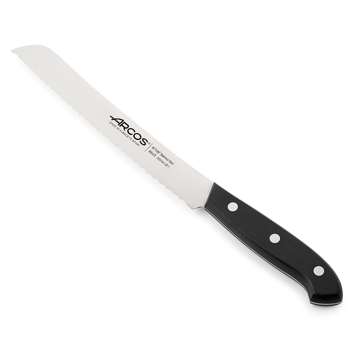 ARCOS Bread Knife 8 Inch Serrated Nitrum Stainless Steel and 200 mm blade. Kitchen Knife. Ergonomic Polyoxymethylene POM Handle. Series Bolonia. Color Black
