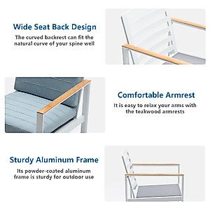 LebenLiebe Outdoor Dining Chair Set Patio Dining Chairs Set of 2 with Seat Cushions Aluminum Outdoor Furniture Chair with Teak Armrest for Garden,White Frame