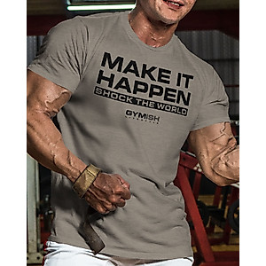 Shock The World Make It Happen Simple Weightlifting Workout Gym Tshirt (LG, Shock The World Warm Grey)