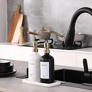 Supforce Kitchen Soap Dispenser Set with Ceramic Tray, 16.9oz Glass Dish Soap Dispenser with 12 Waterproof Labels and Stainless Steel Pump, Hand Soap Dispenser for Kitchen Bathroom Farmhouse