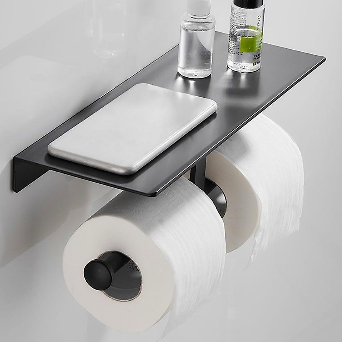 HOOTNEE Towel Holder Storage Shelf Paper Towel Rack Black Wall-Mounted Aluminum Space-Saving Bathroom Utility