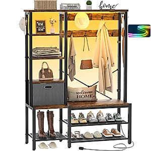 Aheaplus Hall Tree with Storage Bench, Coat Rack with LED Lights, 5-Tier Shelves, Fabric Storage Basket, Side Hooks, 71’’ Industrial 5 in 1 Large Organizer, Sturdy Metal Frame, Rustic Brown