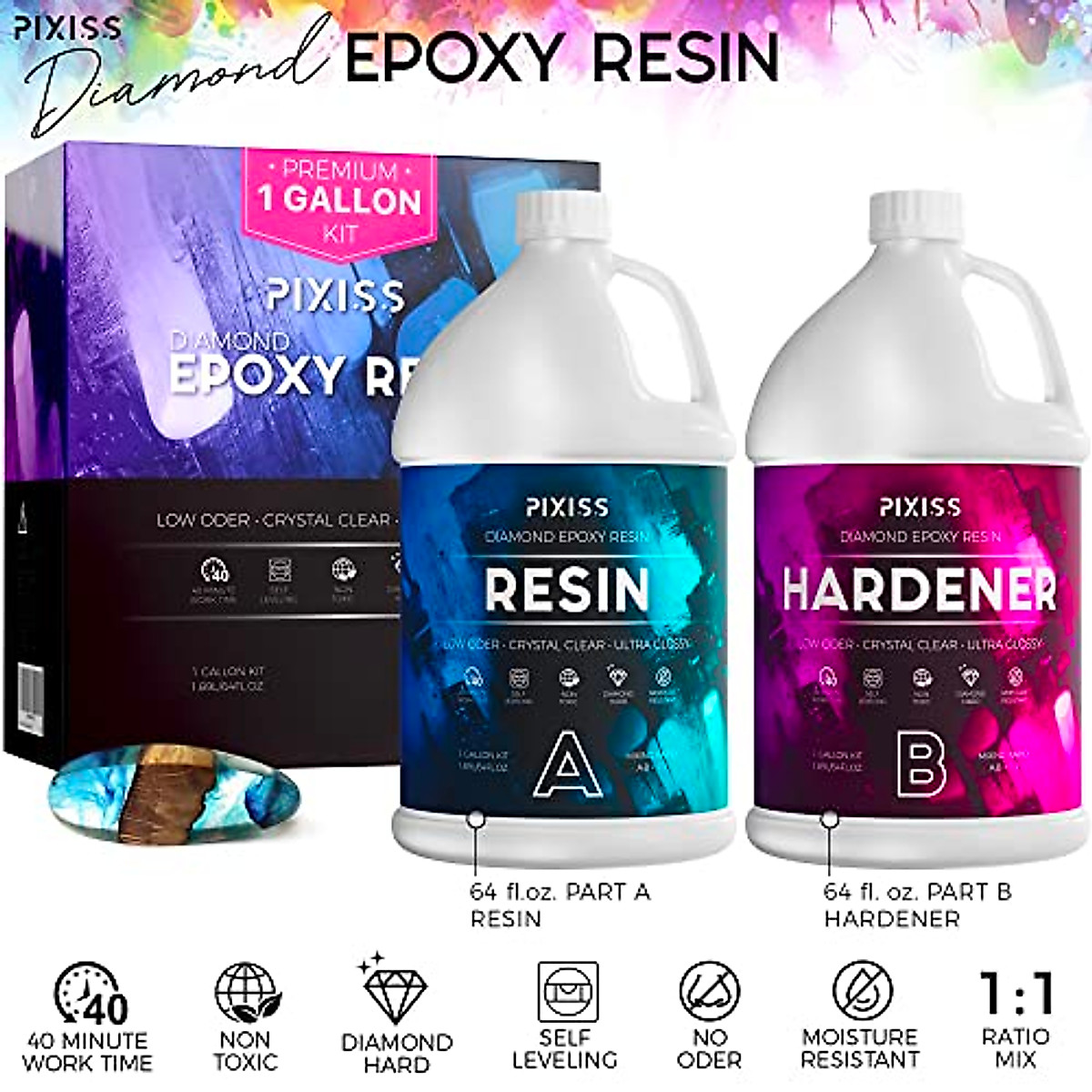 Epoxy Resin Crystal Clear Casting Resin for Epoxy and Resin Art | Pixiss Brand Easy Mix 1:1 Gallon Kit | Supplies for Tumblers, Jewelry Resin, Molds, Crafting Resin Kit