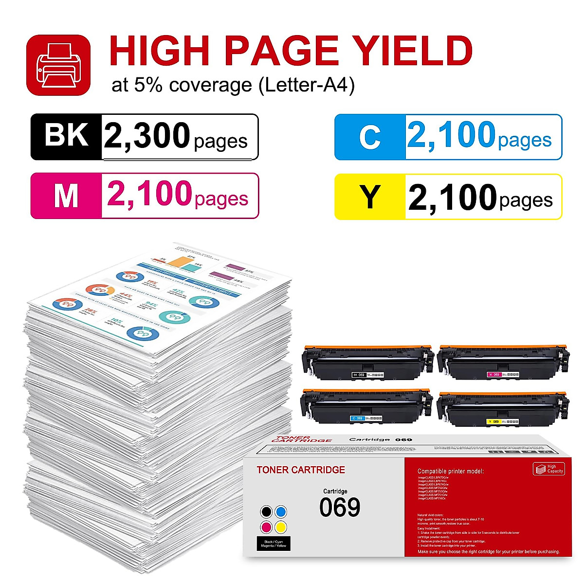4 Pack 069 BK/C/M/Y Toner Cartridge Compatible 5094C001 5093C001 5091C001 5092C001 Toner Cartridge Replacement for Canon imageCLASS LBP673Cdw LBP674Cx LBP674Cdw MF752Cdw MF753Cdw Printer
