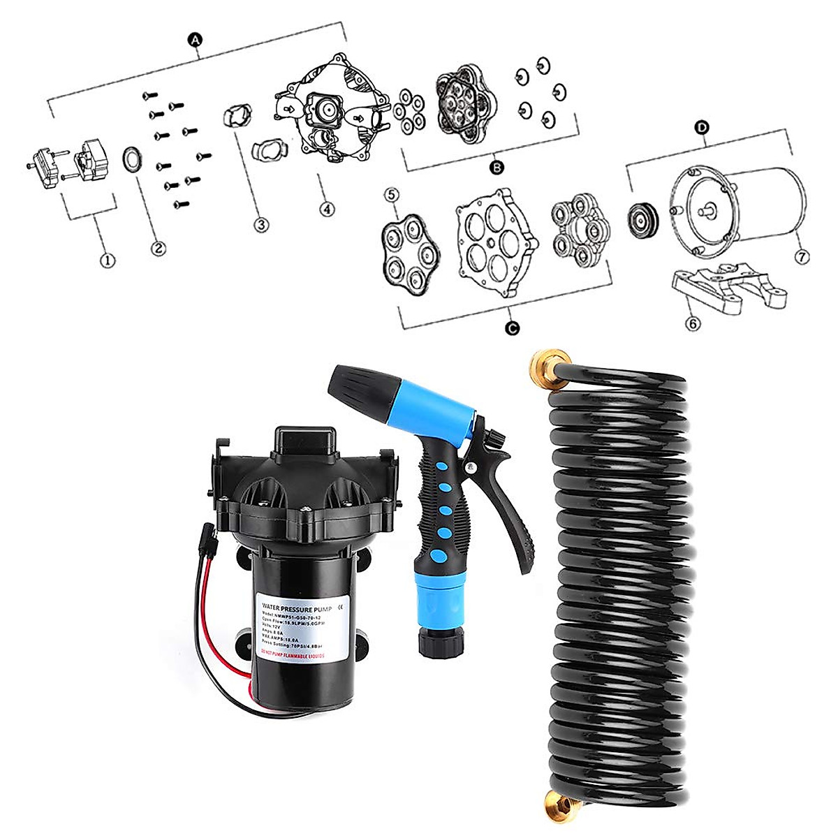Washdown Pump Kit, Washdown Deck Cleaning Pump Kit 12V Fresh Sea Water 5.0 GPM for Rv Boat Marine