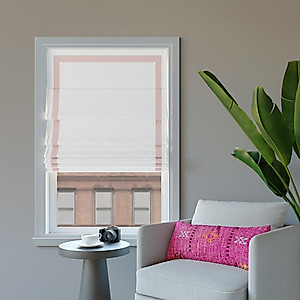 Sun Zero Marline Pink Ribbon Border Stripe 100% Blackout Cordless Roman Shade, 35" x 64", Pink/White