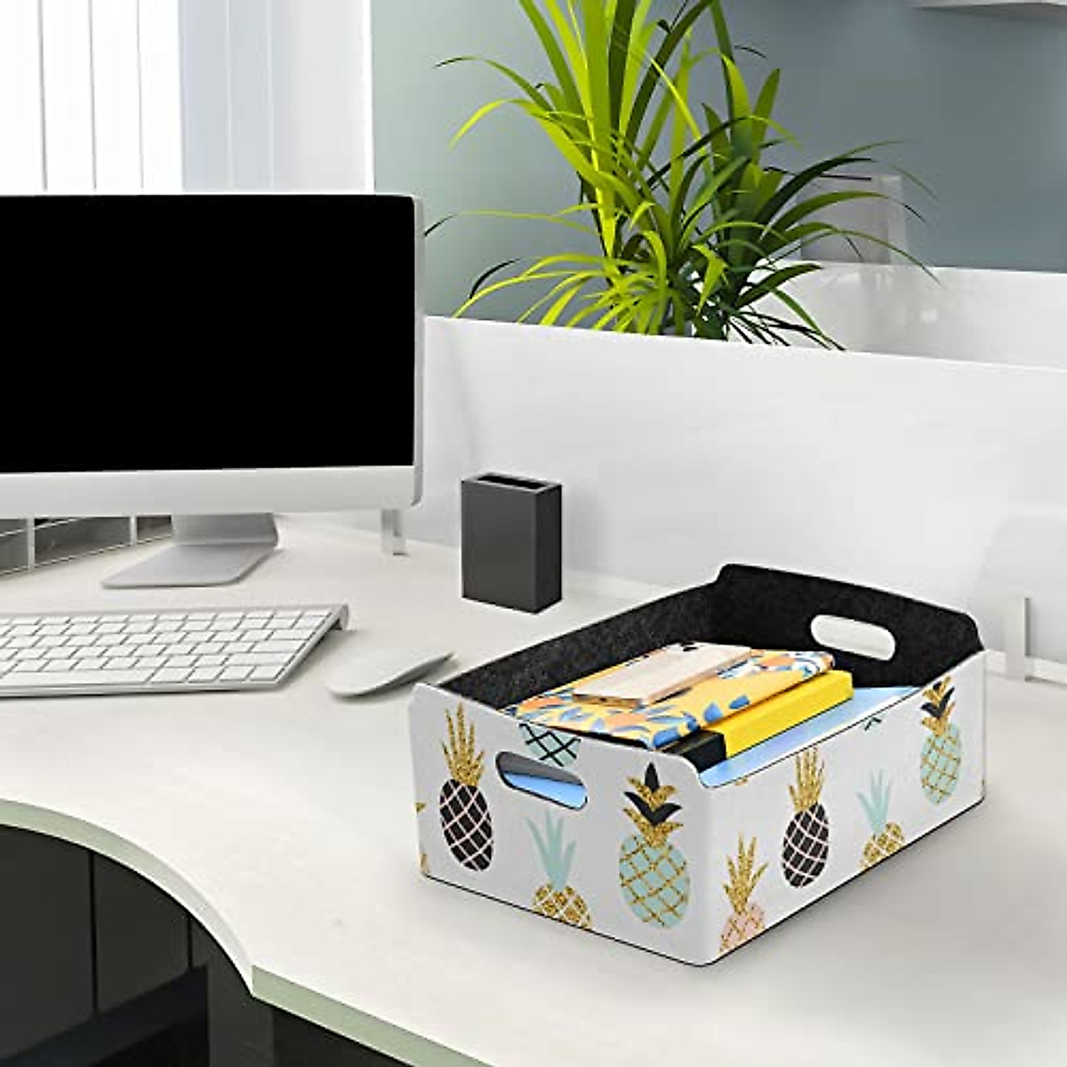 Fabric Storage Cube (Geometric Gold Pineapple) 13.7 × 10.2 × 5.1 inch, Large Capacity Decorative Foldable Storage Basket Organizer with Handles Rectangle Thick for Multi Use