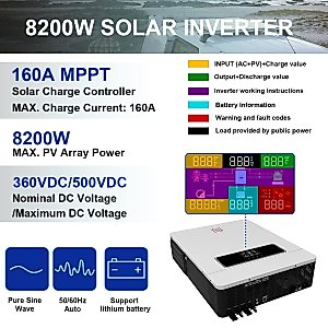 Y&H 8.2KW On/Off Grid Solar Hybrid Inverter Built-in 160A Charge Controller PV Max 500V Input DC48V to AC230V Pure Sine Wave Inverter for Home Energy Storage RV Shed Off-Grid System