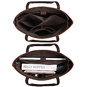 S-ZONE Vintage Genuine Leather Shoulder Tote Bag for Women Purse Handbag with Back Zipper Pocket (Dark Brown)