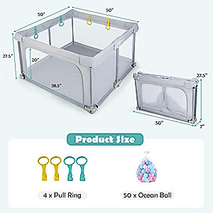 INFANS Baby Playpen Foldable, 50’’x50’’ Large Baby Playard for Toddlers with Gate, Soft Visible Mesh, Indoor Outdoor Kids Activity Center Baby Fence with 4 Handlers 50 Ocean Balls (Gray)