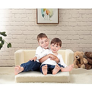 ALIMORDEN 2-in-1 Flip Out Extra Wide Cuddly Sherpa Toddler Couch, Convertible Sofa to Lounger, Cream