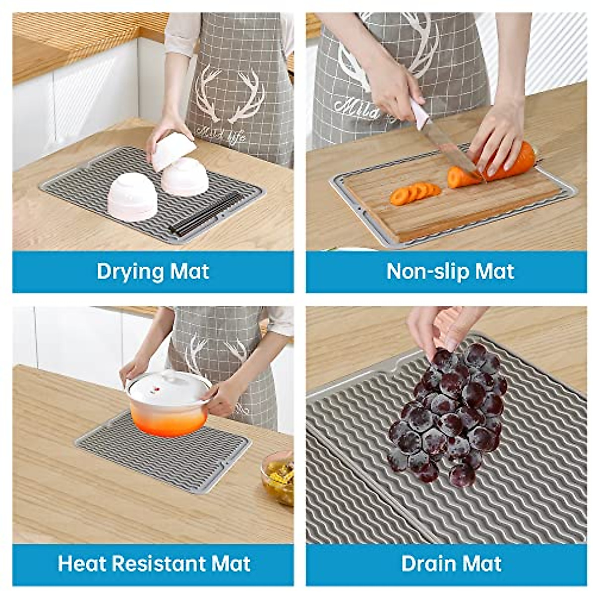 Dish Drying Mat Faucet Splash Guard Kits, Kitchen Bathroom Silicone Faucet Mat Sink Water Splash Guard, Silicone Mat Heat Resistant Mat Drying Mat for Kitchen Counter (Grey)