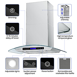 AROAN 30 inch Wall Mount Glass Range Hood, Stainless Steel Kitchen Chimney Vent Hood with 780 CFM & Four-Speed Touch Panel, 2pcs Adjustable LED, Tempered Glass Visor (PA03-30)