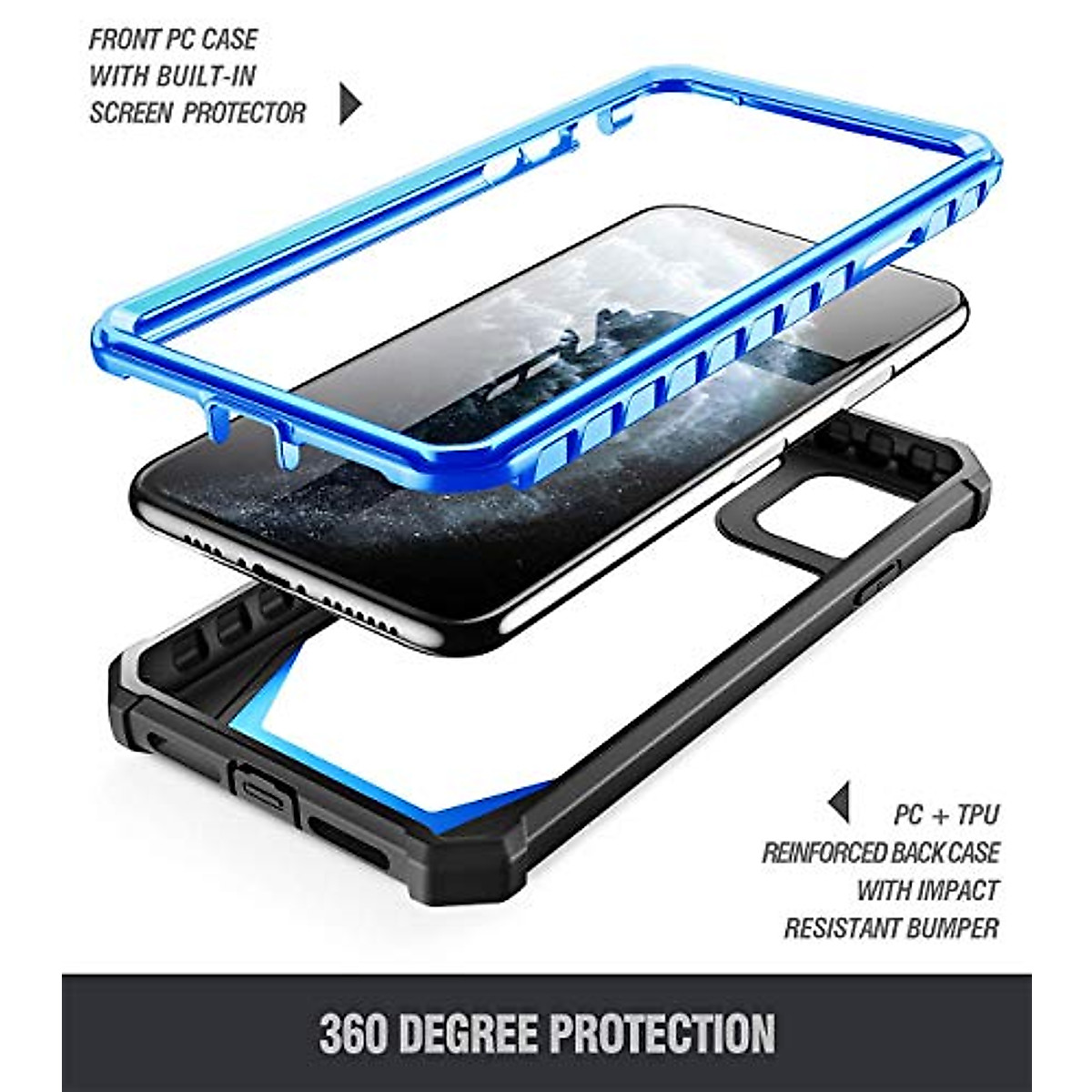 iPhone 11 Pro Case, Poetic Full-Body Hybrid Shockproof Rugged Clear Bumper Cover, Built-in-Screen Protector, Guardian Series, Case for Apple iPhone 11 Pro (2019) 5.8 Inch, Blue/Clear
