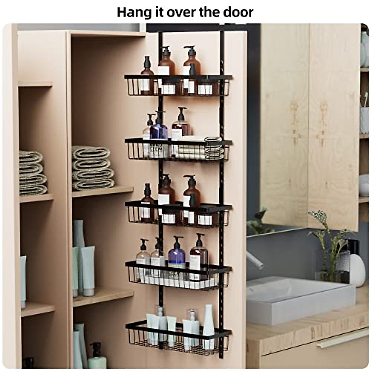 Over The Door Pantry Organizer 5 Tier,Pantry Organization and Storage,Heavy-Duty Metal Pantry Door Organizer with 5 Baskets,Adjustable Hooks for Doors Thickness Between 1.5 to 3 inch