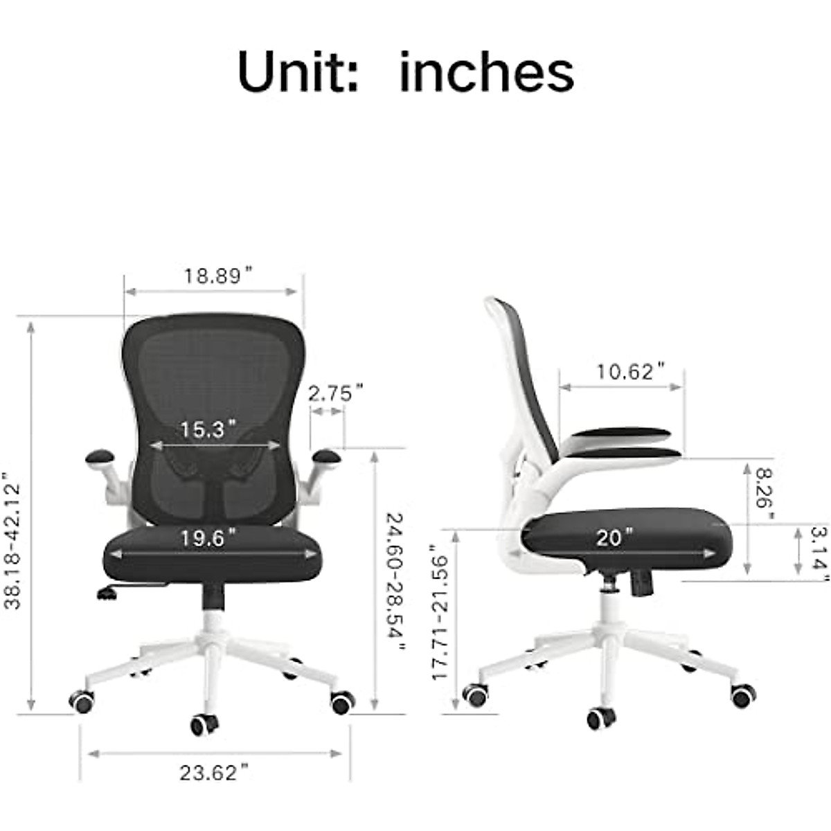 Hbada Ergonomic Office Chair Work Desk Chair Computer Breathable Mesh Chair with Adjustable Lumbar Support and Flip Up Arms, White