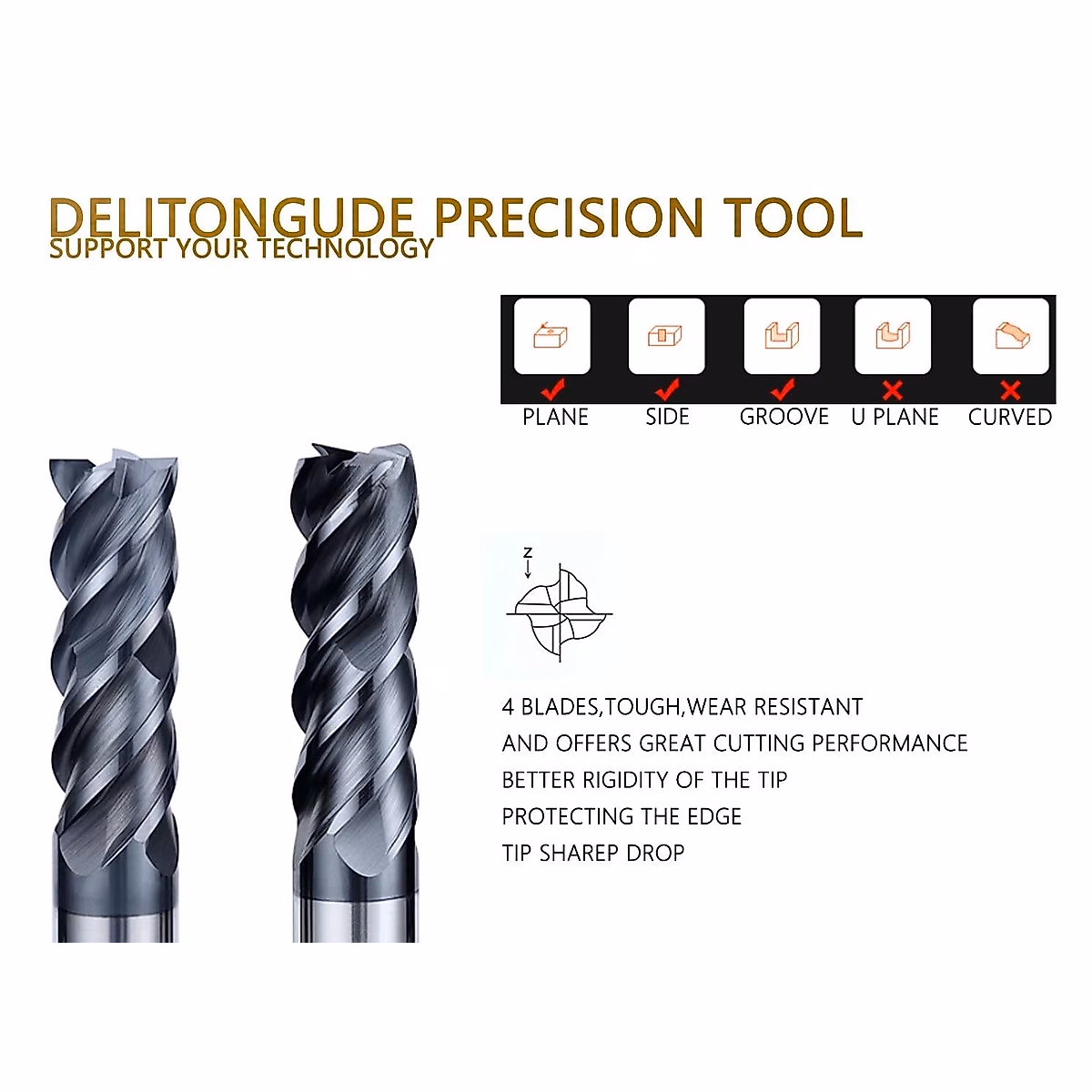 DelitonGude 5/16 x 4inch Extra Long Carbide Tungsten Square CNC End Mill,4 Fultes Suitable for Alloy Steels/Hardened Steels HRC55(Extra Long 5/16)