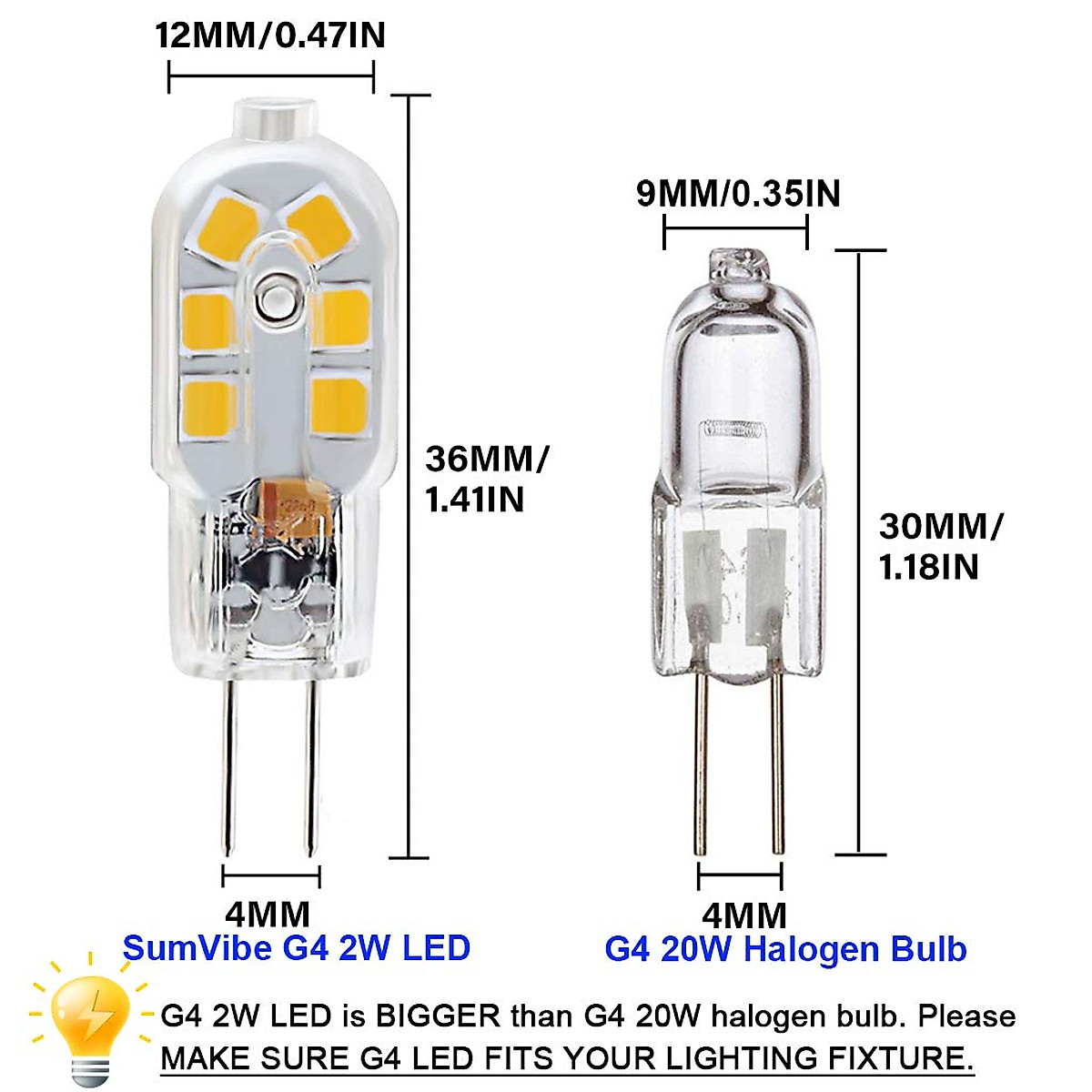 SumVibe G4 LED Bulb, 20W Halogen Bulb Replacement, 2 Watt G4 Bulbs Bi-Pin Base, AC/DC 12 Volt Warm White 3000K, Non-Dimmable, 10-Pack