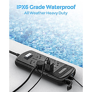 USB Outdoor Power Strip Weatherproof, Waterproof Surge Protector with 3 USB Ports and 6 Outlets, 6 FT Extension Cord, Shockproof Overload Protection, Mountable for Home Office Patio Porch