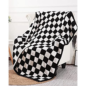Panku Super Soft Checkered Throw Blanket, Knitted Cozy Warm Checkboard Fleece Blankets for Couch and Sofa, Reversiable Luxury Fluffy Plaid Knit Blanket Throw Black and White 50x60 Inches