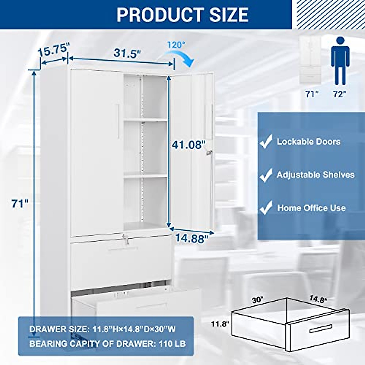 Fesbos Metal Cabinets with Lockable Lateral File Cabinet and Doors, Steel Metal Filing Lockers for Home Office Hanging Files Letter/Legal/F4/A4 Size