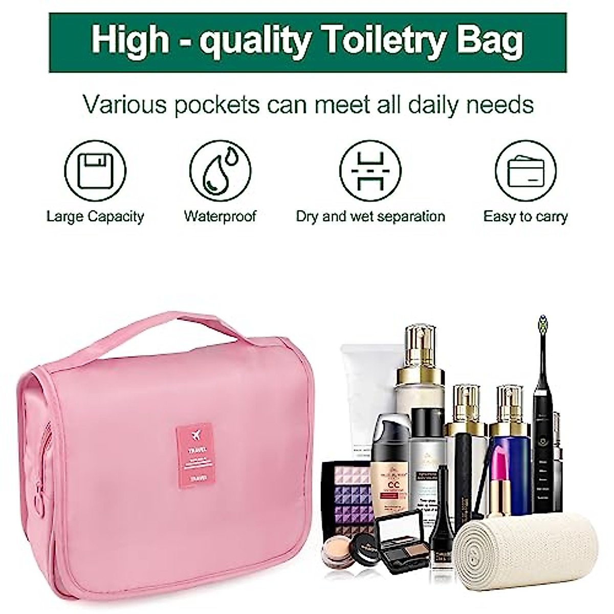 Aosivm Hanging toiletry bag for Women,makeup travel bag,with Jewelry Organizer Compartment,Large Cosmetic Bag Travel Organizer for Bathroom Shower Accessories (pink, Large)