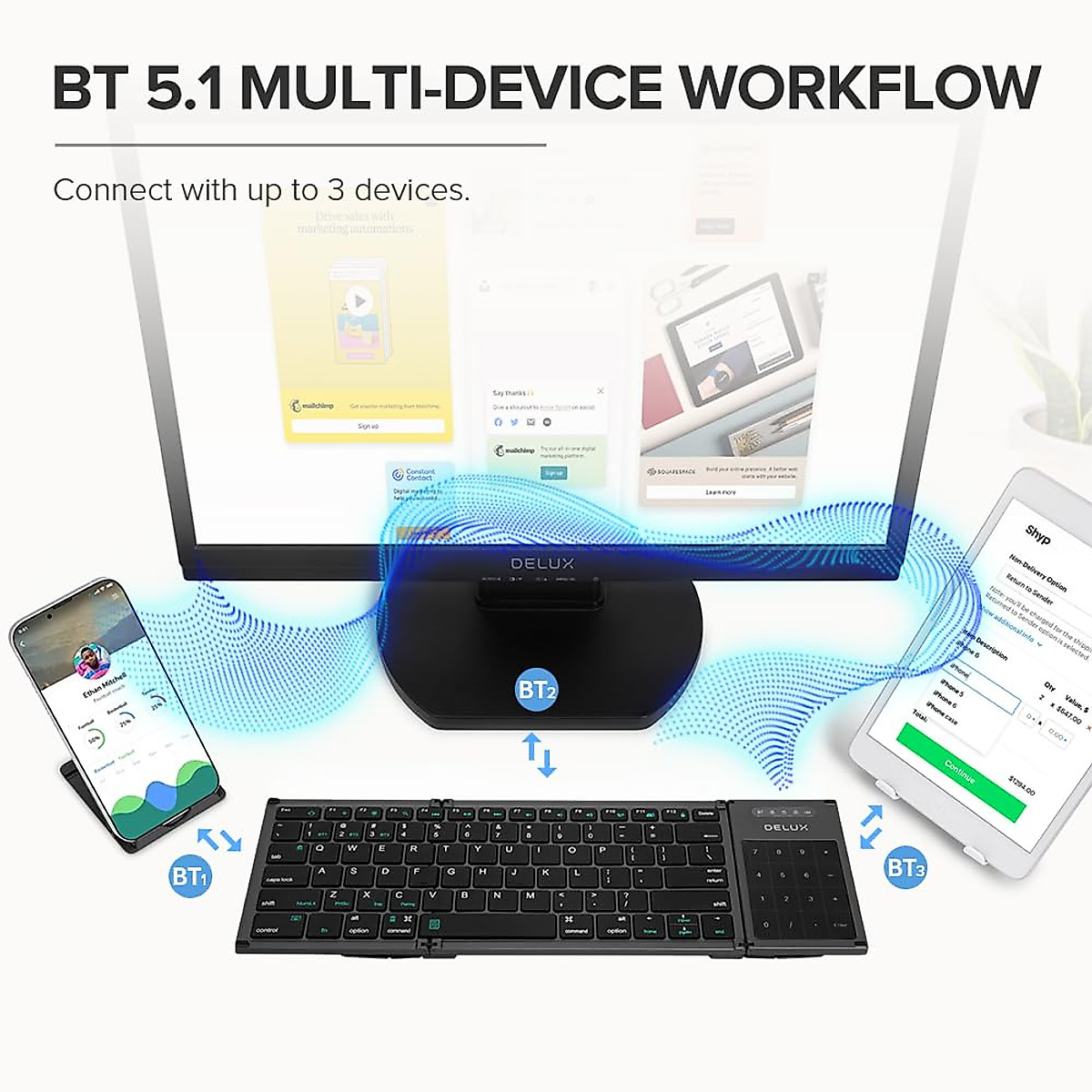DeLUX Full Size Folding Keyboard 78 Keys, Wireless Bluetooth Keyboard with 2-in-1 Touchpad, Portable Travel Multi-Device and Multi-System Keyboard (KF17)