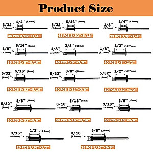 Sunxeke 500pcs Pop Rivets Aluminum Rivets Assortment Kit (3/32 1/8 5/32 3/16 1/4 inch),14 Sizes Assorted Blind Rivets for Assembling RV,Furniture and Plastic Frame Windows(Black)