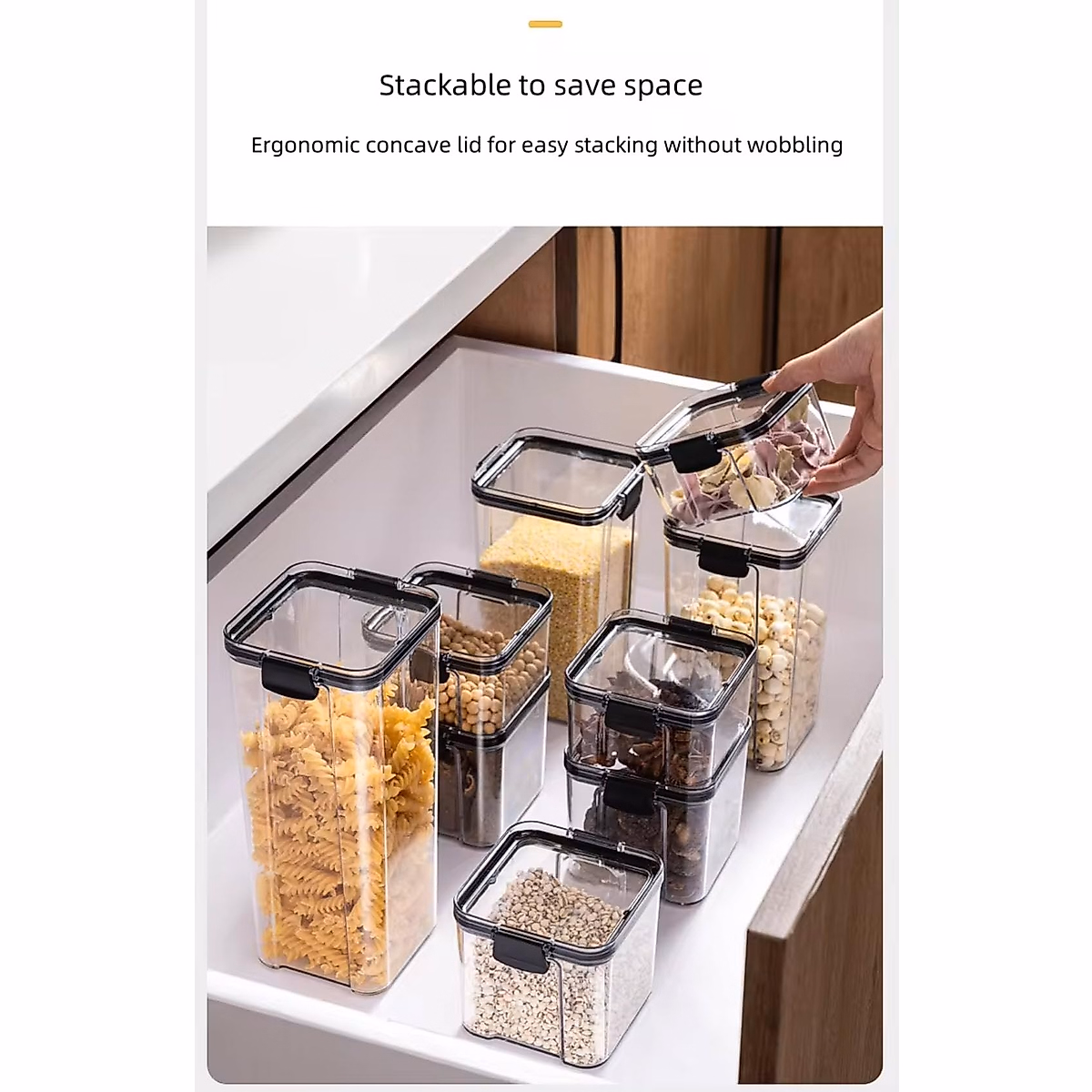 JAGF Airtight Food Storage Container - 5 Pce Set - Seal Stackable Plastic Canister Jar - Clear Plastic - Kitchen Cupboard Pantry Organizer, Spice, Pasta, Snack, Candy, Bean - For gift.