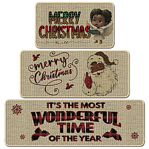 Layhit Christmas Kitchen Rugs and Mats Set of 3 Black Santa Doormat African American Santa Claus Entrance Rug Merry Christmas Winter Farmhouse Party Floor Mat for Kitchen 20 x 29,20 x 47,20 x 59 in