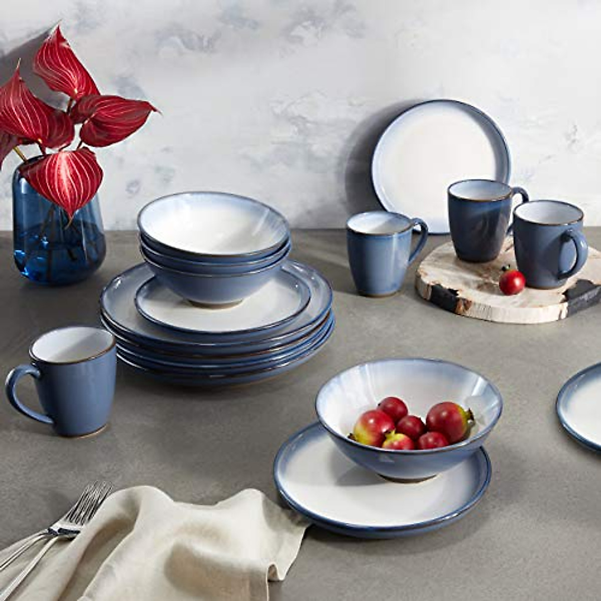 Gibson Elite Serene Fountain Round Reactive Glaze Stoneware Dinnerware Set, Service for Four (16pcs), Blue