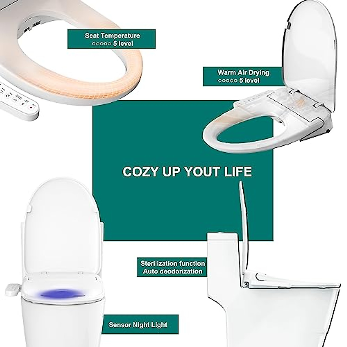 Aquatiz Elongated Smart Toilet Seat, Electronic Heated Toilet Seat, Self-Cleaning Nozzle, Temperature Controlled Wash, Air Dryer, Deodorizer, LED Light, Multi-mode Wash, (Panel Control)