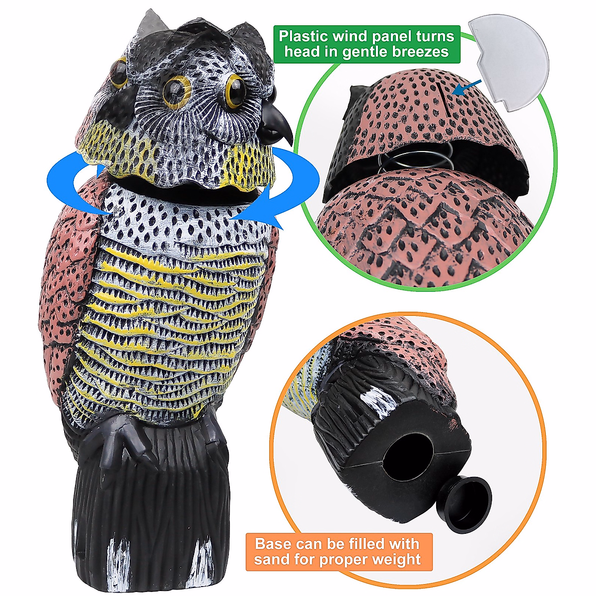 Galashield Owl Decoy to Scare Birds Away Scarecrow Fake Owl with Rotating Head (2 Pack)