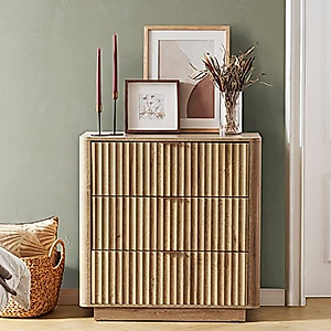 mopio Brooklyn Mid-Century Modern Dresser/Credenza, Waveform Panel with Sleek Curved Profile with Aluminum Handle 3-Drawers for Bedroom/Living Room, Sturdy Anti-Tipping Base (Golden Oak, Dresser)