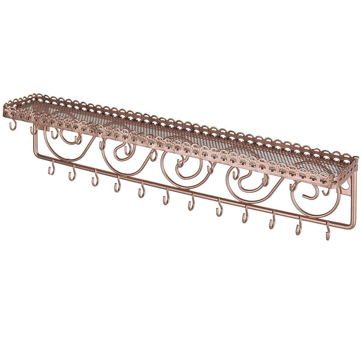 MyGift Rose Gold-Tone Metal Wall Jewelry Holder Organizer and Cosmetics Shelf Rack with 25 Necklace Hooks