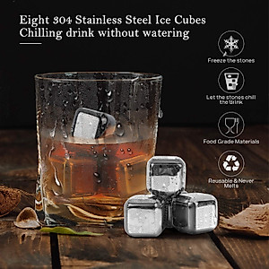 Duerer Whiskey Stones Set, 2 Whiskey Glasses, 8 Reusable Stainless Steel Ice Cubes in Wooden Box, Great Gift for Father's Day, Dad's Birthday or Anytime for Dad, Plus 2 Free Coasters