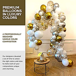 White and Gold Balloon Garland Kit with Gold Silver Confetti - Easy to Assemble 100pcs Premium White and Gold Balloons for Birthday Party - Gold and White Balloon Arch Kit for Baby Shower Balloon Arch