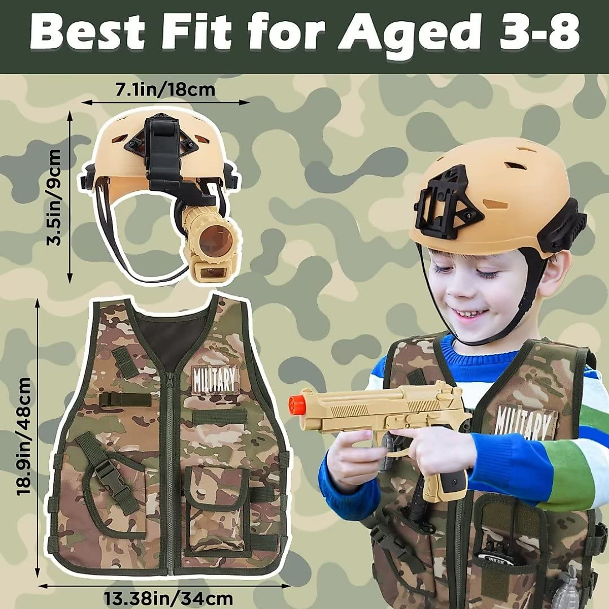 deAO Army Costume for Boys, Military Soldier Gear Accessories with Uniform Helmet and Storage Backpack Halloween Army Combat Costume Police Set Dress Up Toys for Kids Girls