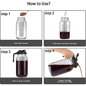 Cold Brew Coffee Maker Pitcher, 32 oz(1 Quart) Thick Glass Mason Jar with Heavy Duty Stainless Steel Filter & Handle for Iced Brew Coffee, Ice Lemonade, Sun Tea