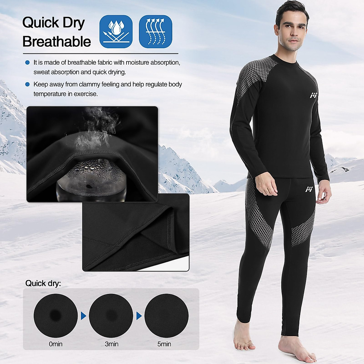 MEETWEE Thermal Underwear for Men, Fleece Lined Base Layer Set Cold Weather Ski Gear Top & Long Johns for Skiing Motorcycle Black