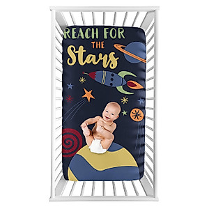 Sweet Jojo Designs Space Galaxy Planets Boy Fitted Crib Sheet Baby or Toddler Bed Nursery Photo Op - Navy Blue Star and Moon Rocket Ship
