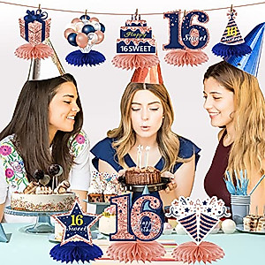 Rose Gold Navy Blue 16th Birthday Decorations Table Centerpieces for Women Girls, 8Pcs Happy 16 Birthday Honeycomb Centerpiece Party Supplies, Sweet 16 Birthday Table Toppers Sign Decor