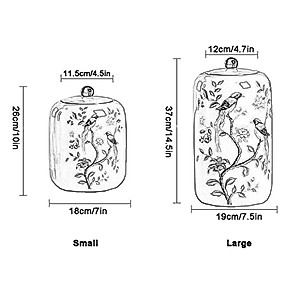 Blue Ceramic Cylinder Vase Ginger Jar with Lid for Home Decor, Floral Bird Temple Jar Vase Traditional Porcelain Dried Flower Vases Gift Jar Decoration for Living Ro S