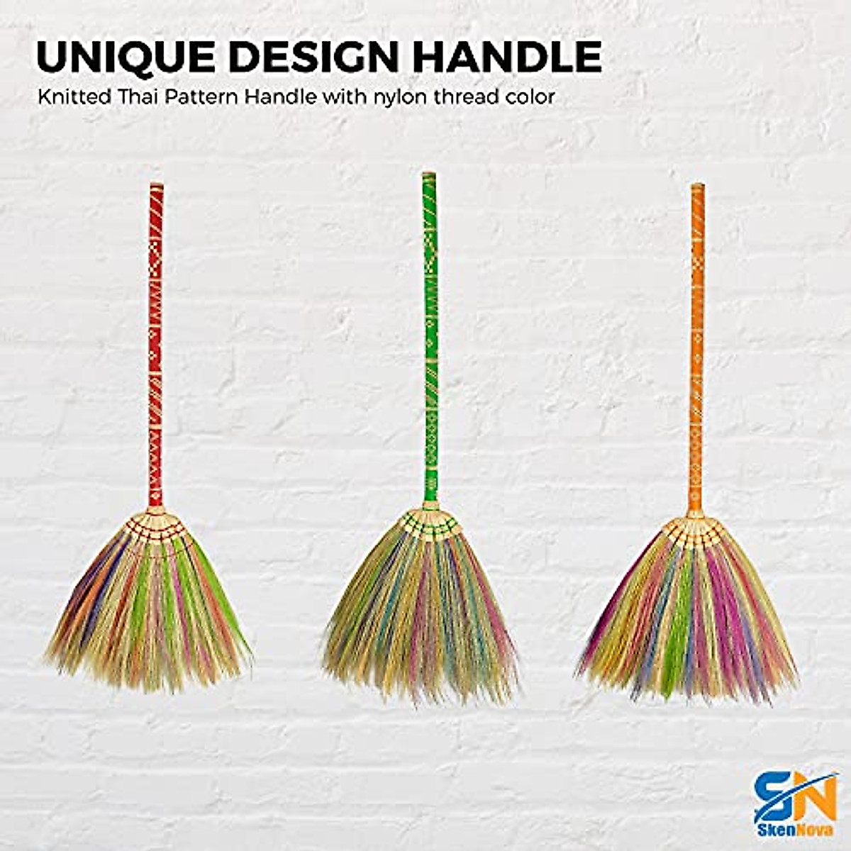 Natural Grass Broom Thai Vintage Retro Handmade Broom, Housewarming Gift, Witch Broom, Thai Broom, Broomstick, Bamboo Stick Embroidered Nylon Handle, Kong Grass Broom, Thick Broomstick, Durable Broom